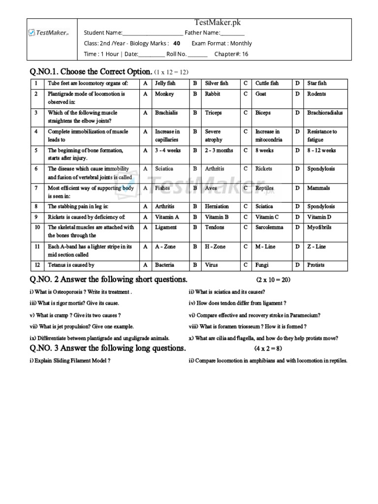 2nd Year Biology Chapter Test PDF | PDF | Musculoskeletal System