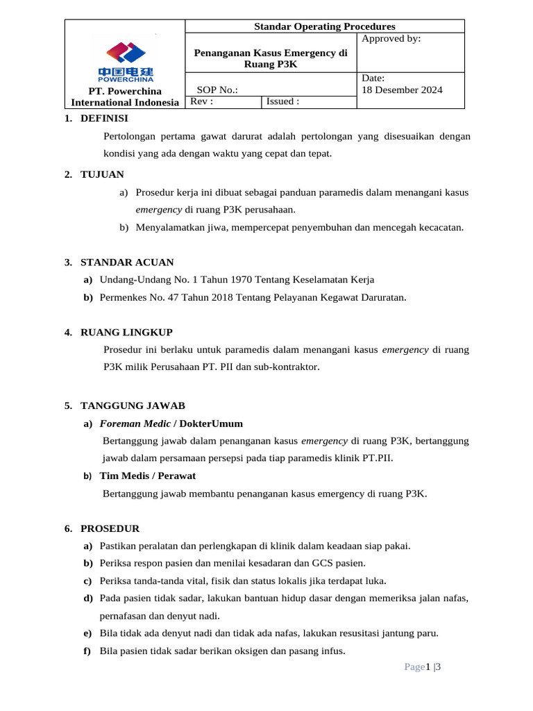 SOP PII PENANGANAN KASUS EMERGENCY Di RUANG P3K | PDF