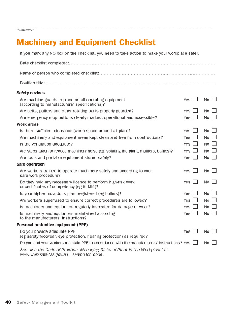 Task 2.1 WorkSafe TAS Machinery and Equipment Checklist | PDF ...