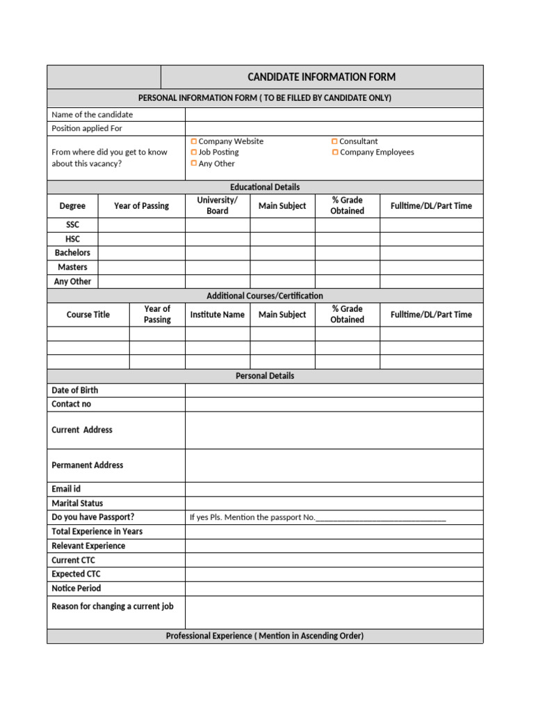 Candidate Information Form | PDF | Government And Personhood