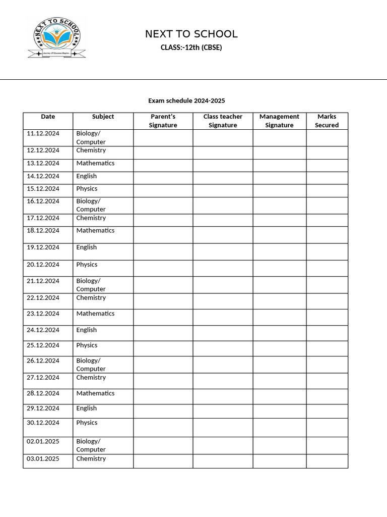 CBSE Class 12 Exam Schedule 2024-25 | PDF