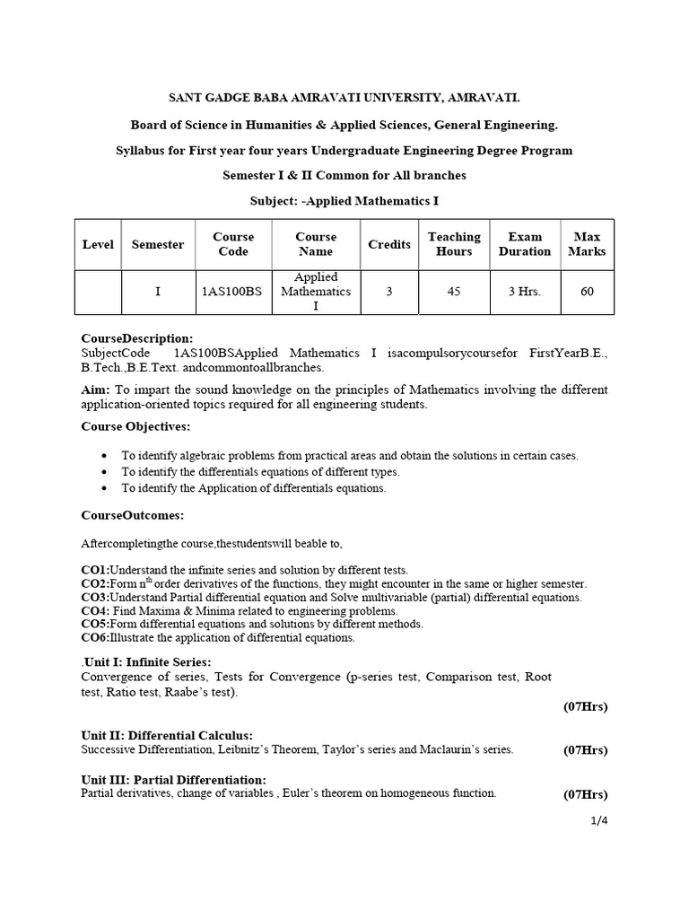 First Year Engineering Maths Syllabus | PDF | Integral | Matrix ...