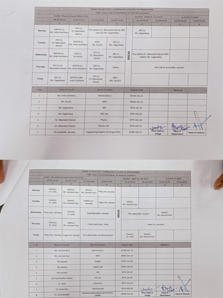 New Time Table 1st Sem | PDF