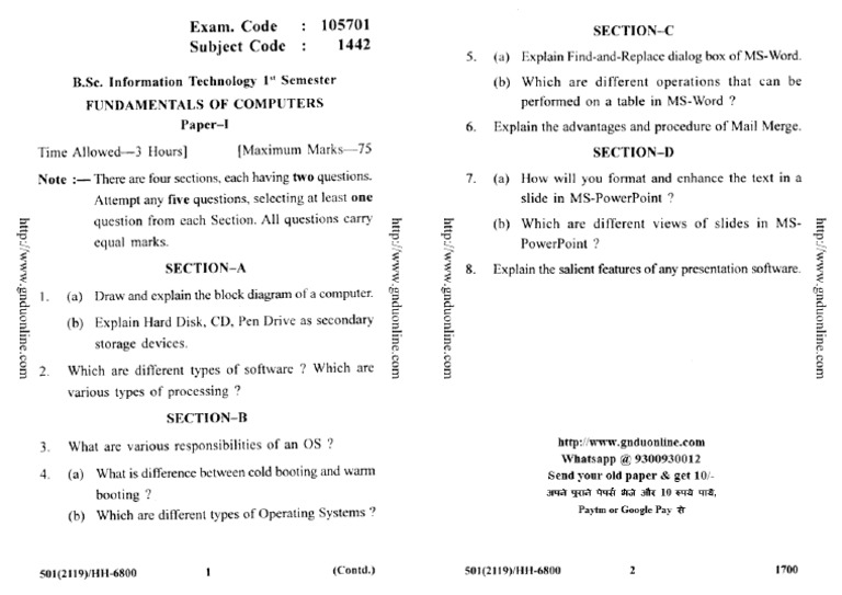 BSC 1 Sem It Fundamentals of Computers 1442 Dec 2019 | PDF