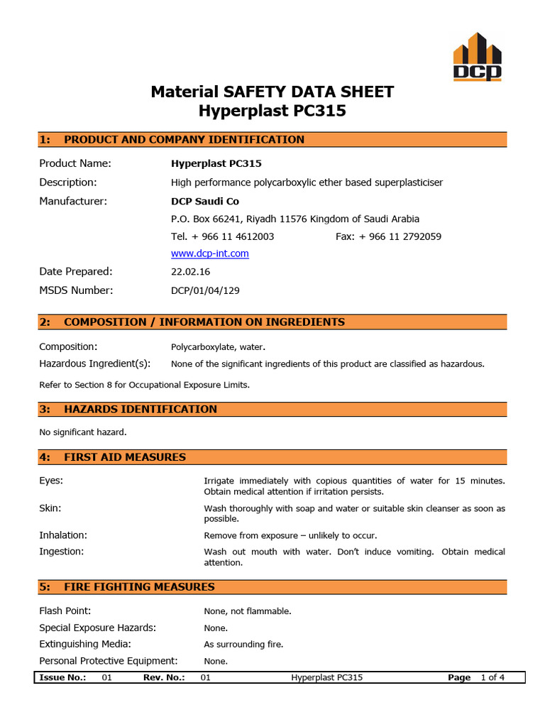 Hyperplast PC415 msds | PDF | Toxicity | Water