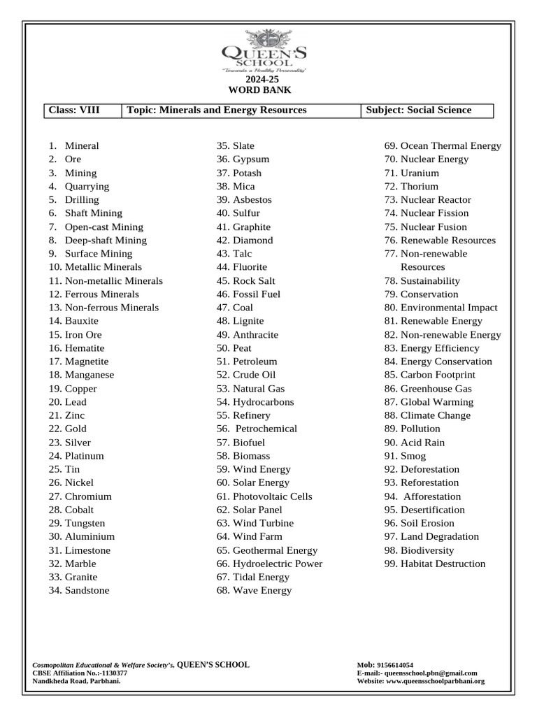 Class Viii - Word Bank - SST | PDF | Renewable Energy | Mining