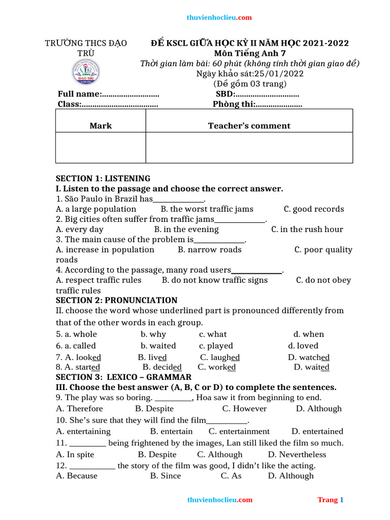 De Thi Giua HK2 Tieng Anh 7 THCS Dao Tru 21 22 Co Dap An | PDF