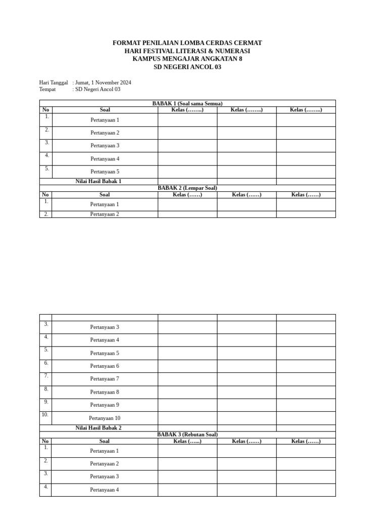 FORMAT PENILAIAN LOMBA CERDAS CERMAT | PDF FORMAT PENILAIAN LOMBA CERDAS CERMAT | PDF