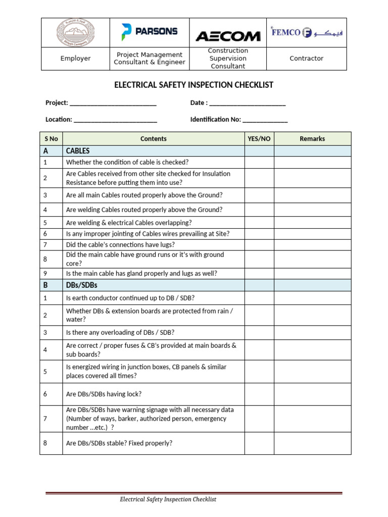 Electrical Safety Inspection Checklist | PDF | Electrical Wiring ...