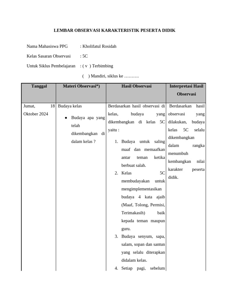 Format Lembar Observasi Karakteristik Peserta Didik - 5C | PDF