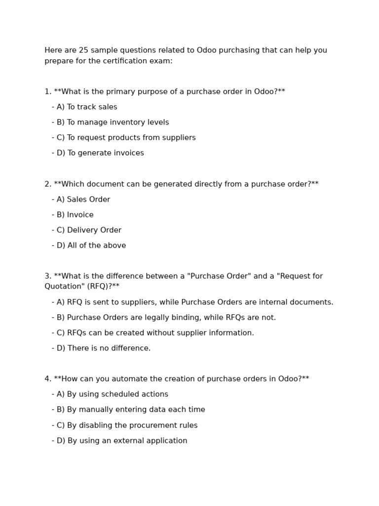 Sample Questions Related To Odoo Purchasing | PDF | Procurement | Inventory