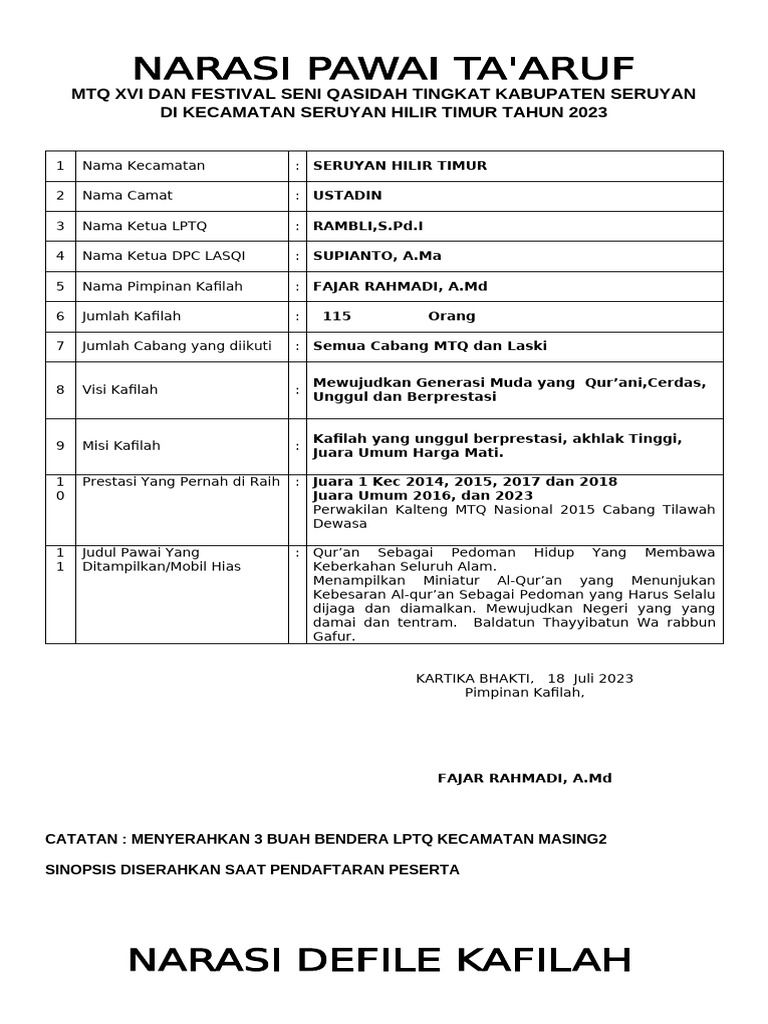 Narasi Pawai Dan Defile Kafilah MTQ FSQ 2023 Reviiw | PDF