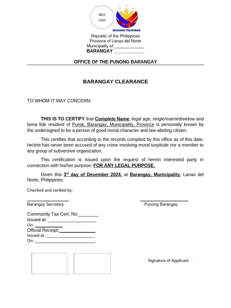 Barangay Clearance Certificate Template | PDF