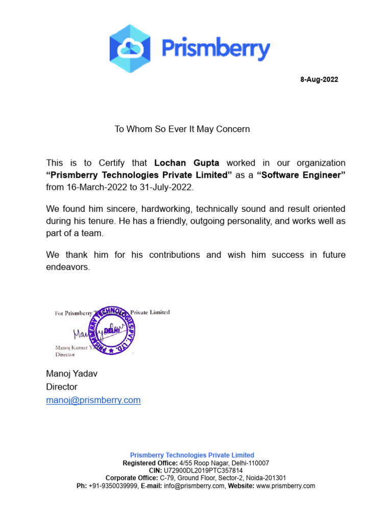 Experience Letter - Lochan Gupta | PDF