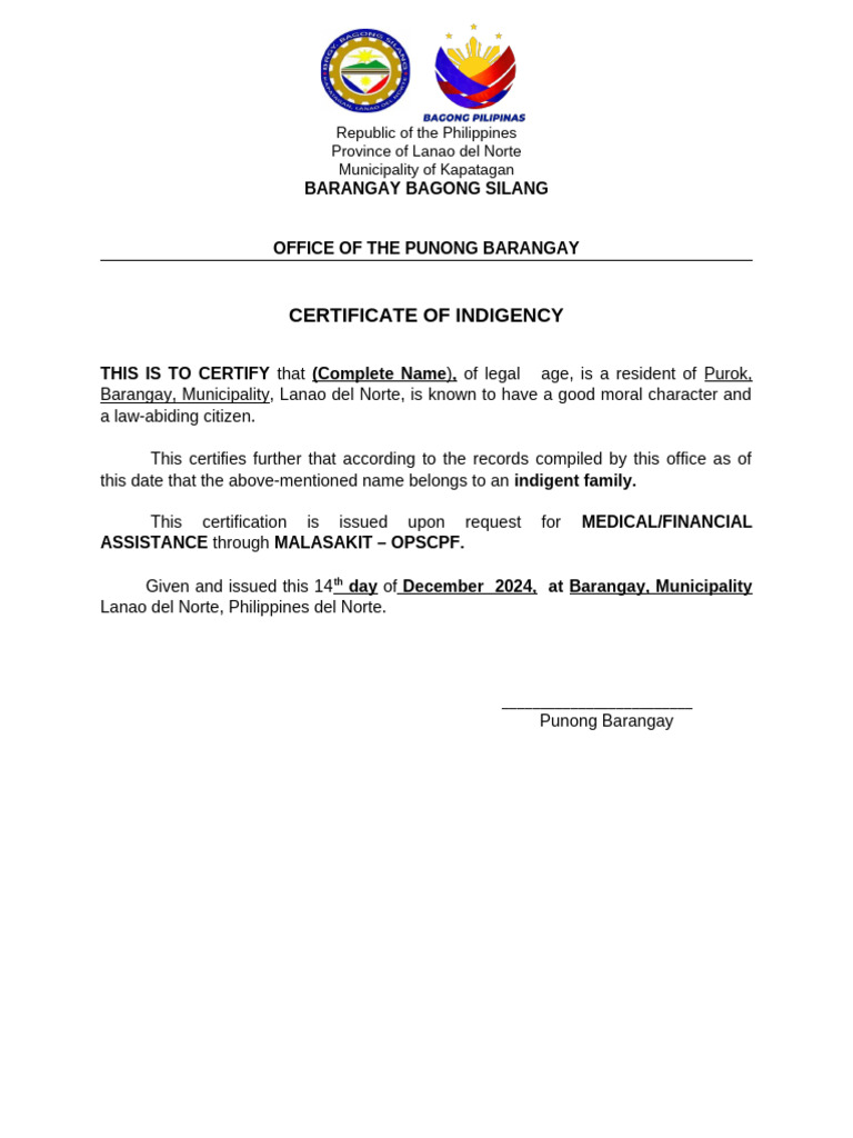 Copy of Template_Barangay Certificate of Indigency (1) | PDF
