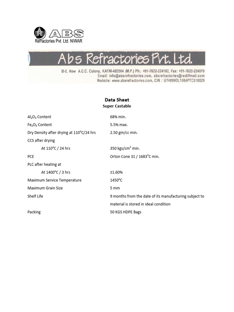 Fire Crete Super Castable Data Sheet | PDF