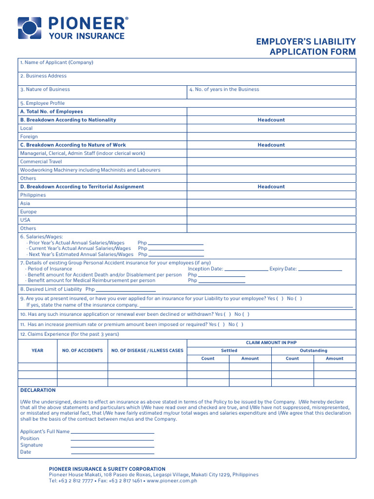 Employer's Liability Application Form | PDF | Employment | Insurance