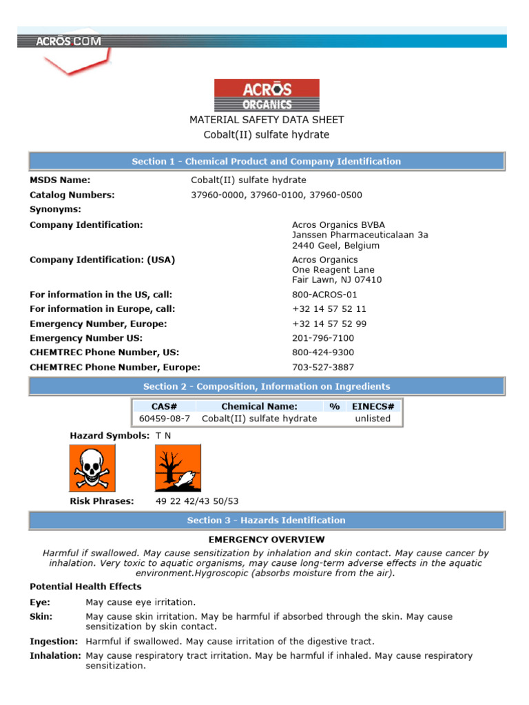 CoSO4-COBALT (Ii) sULPHATE | PDF | Personal Protective Equipment ...