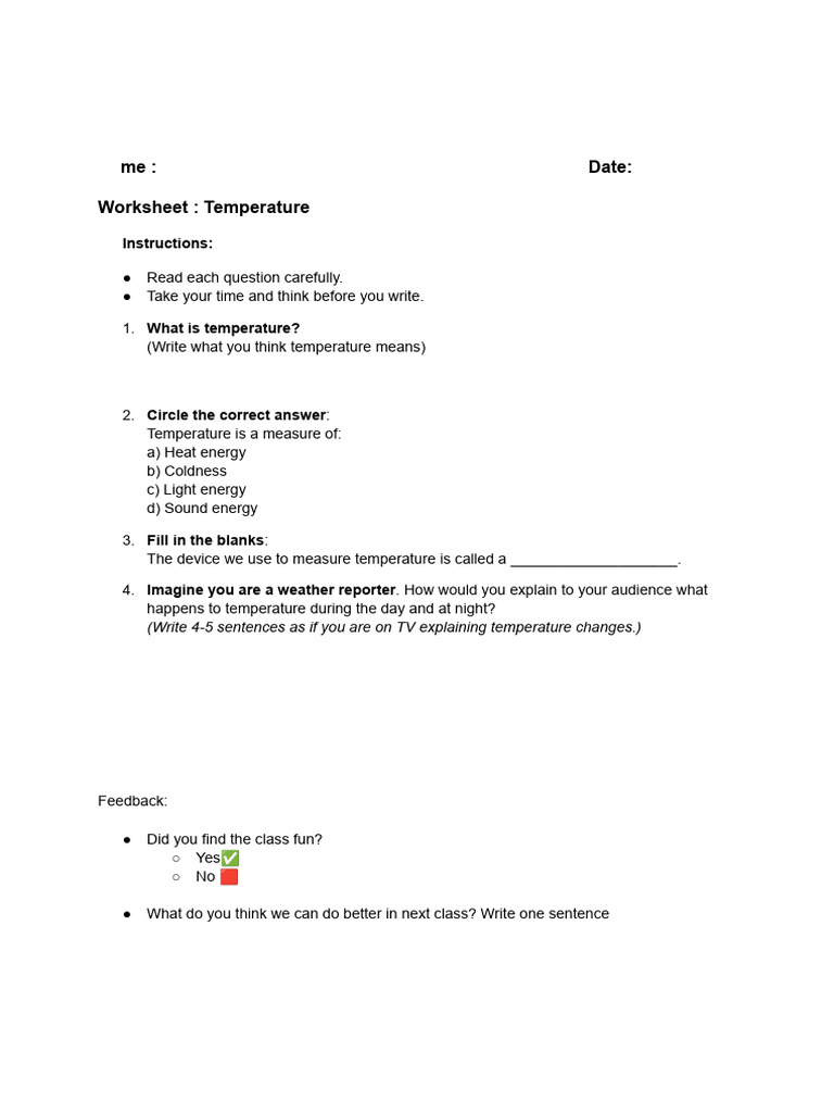 Temperature Measurement Worksheet | PDF