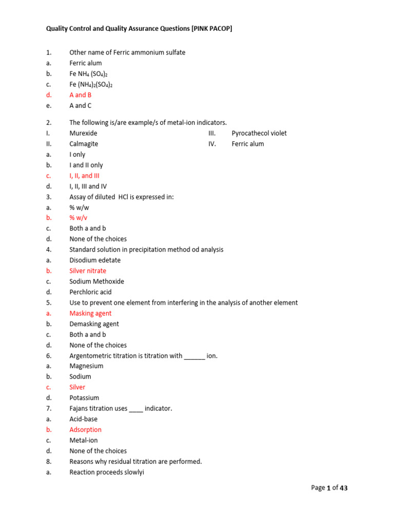 Quality Control Answer Key-GREEN PACOP | PDF | Titration | Chemistry