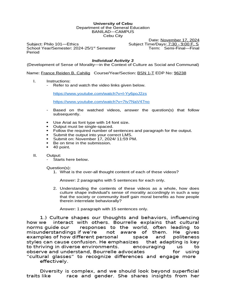 Individual Activity 3 - Development of Sense of Morality-In The Context of Culture As Social and ...