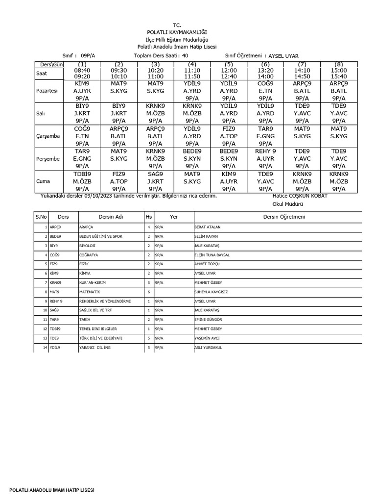07121254 9 Ekim 2023 Sinif Ders Programi Guncel | PDF