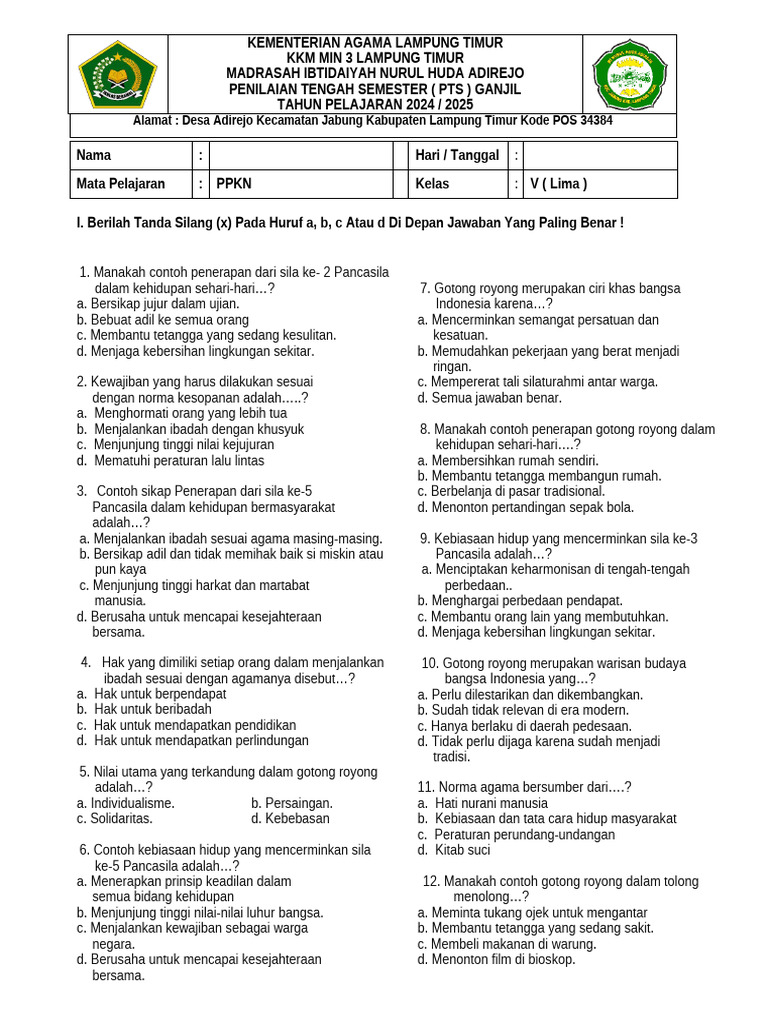 SOAL PTS GANJIL PPKN KELAS 5 MI | PDF