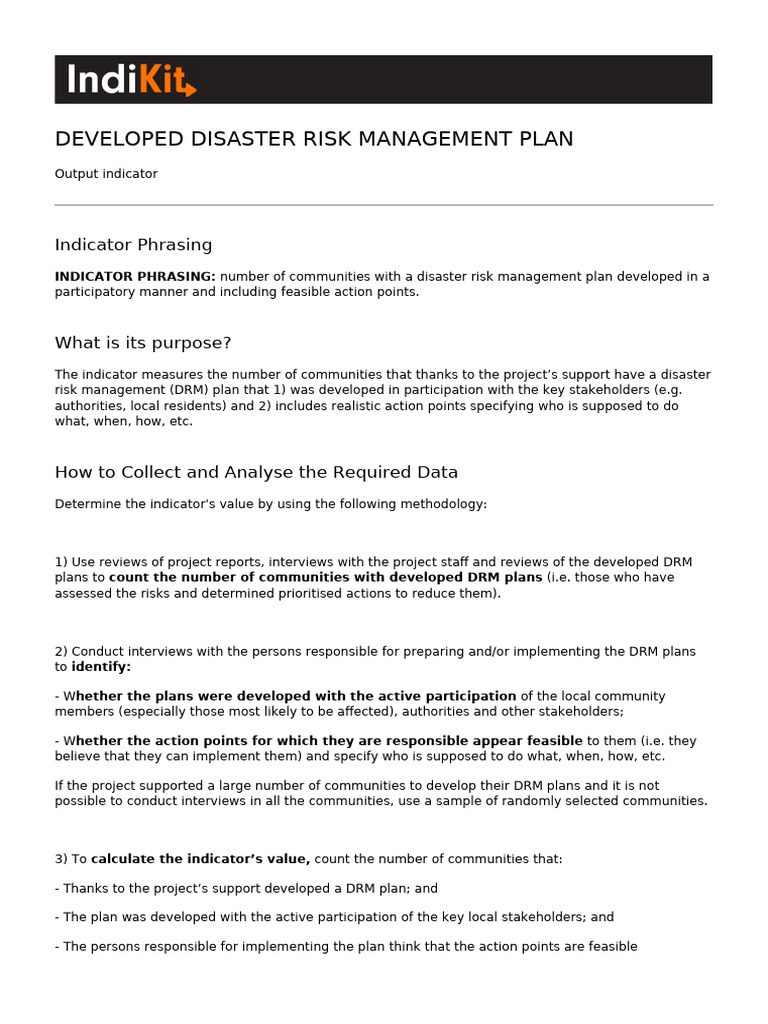 Indicator Developed Disaster Risk Management Plan | PDF
