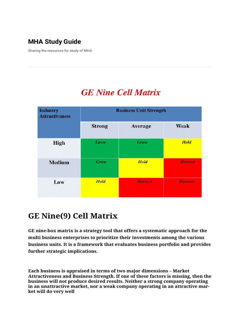 GE Nine (9) Cell Matrix - MHA Study Guide | PDF | Business | Strategic ...