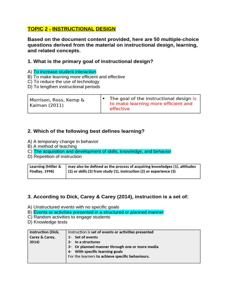 Topic 2 - Instructional Design MCQ | PDF | Instructional Design | Learning