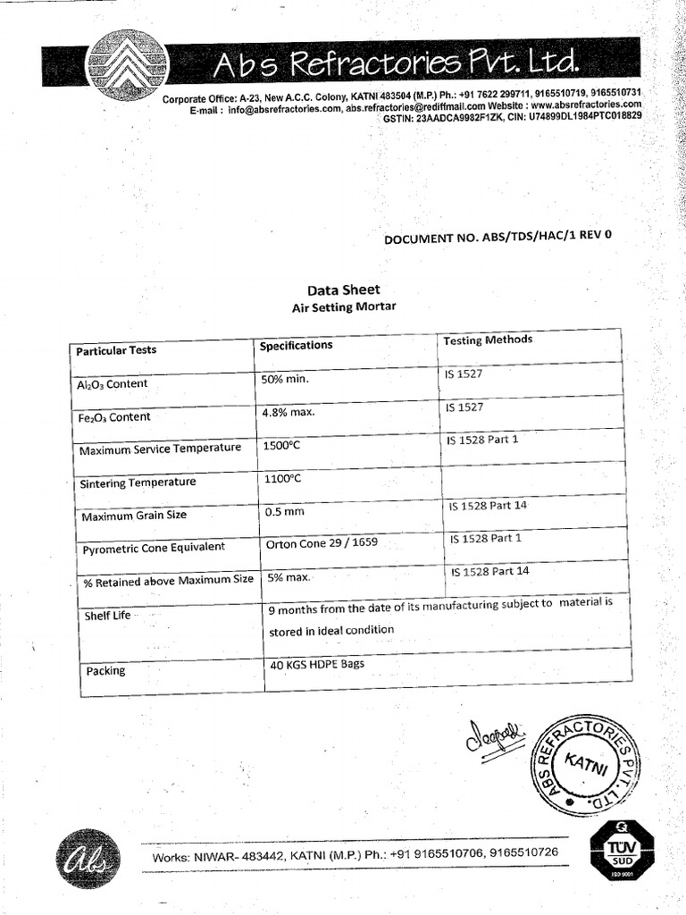 Data Sheet Air Setting Mortar | PDF