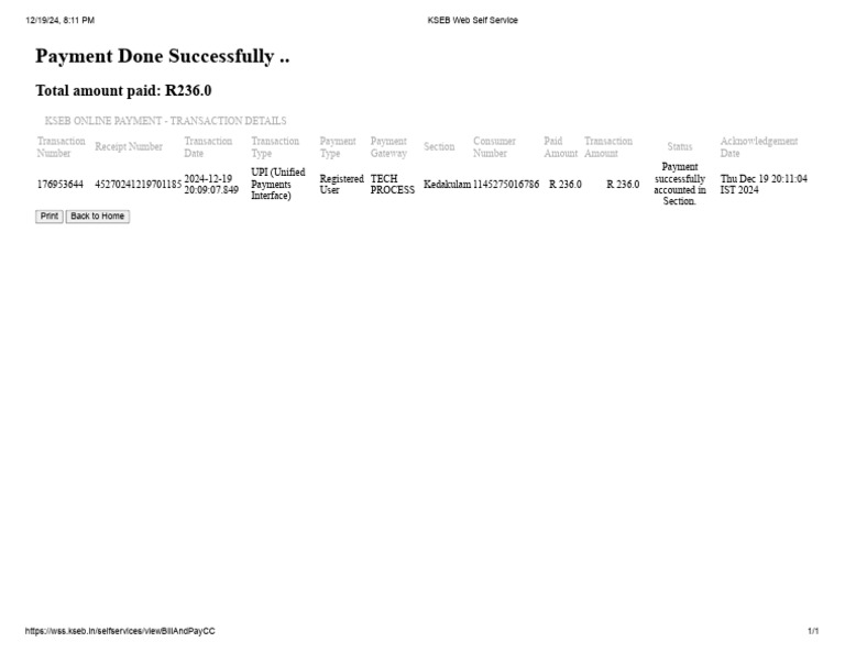 KSEB Payment Confirmation Receipt | PDF