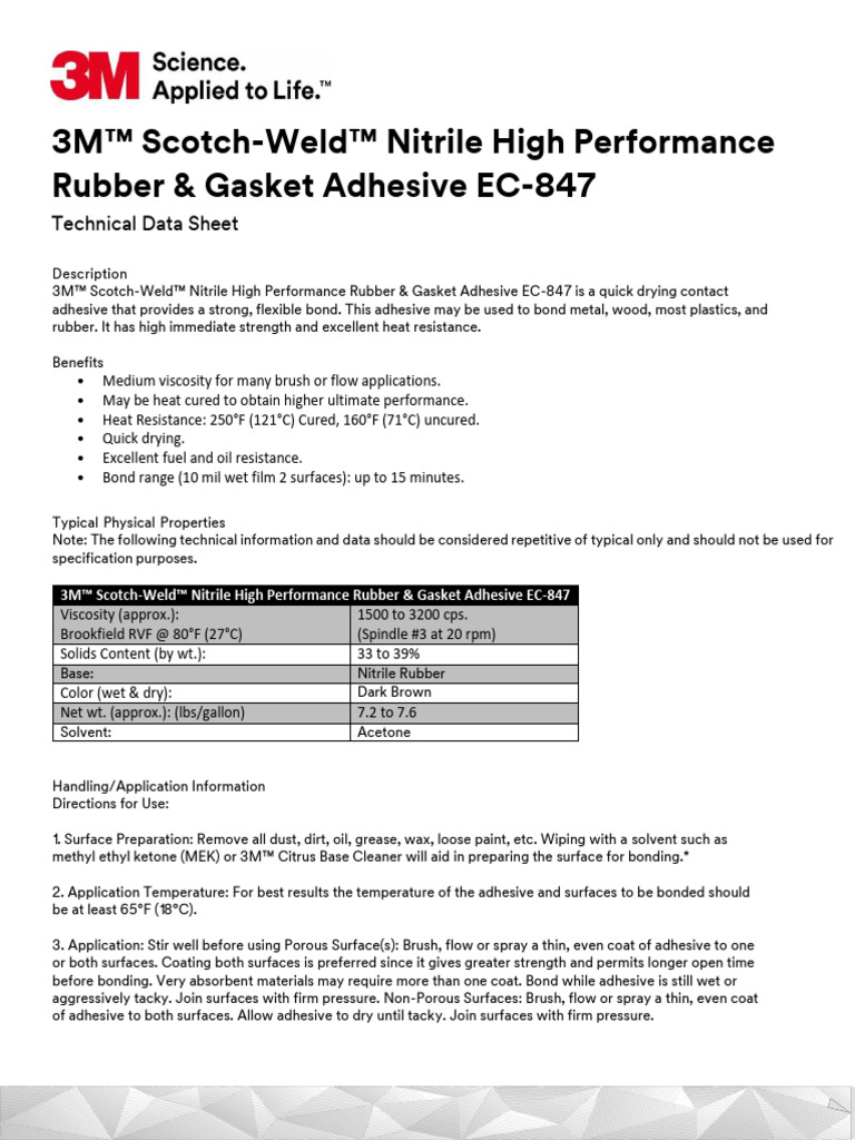 3M Scotch Weld Nitrile Rubber Gasket Adhesive EC 847 Tech Data Sheet | PDF | Adhesive | Legal ...