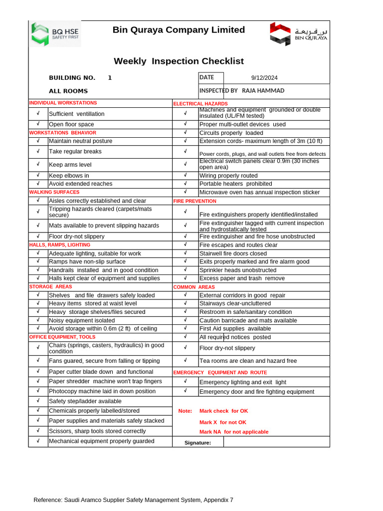 BQ-HSE-OFF001- 2024 OFFICE INSPECTION CHECKLIST | PDF | Manufactured Goods