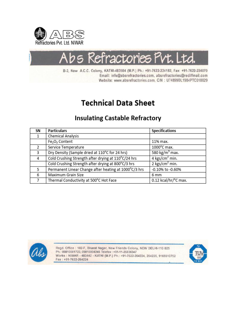Data Sheet - Insulating Castable | PDF