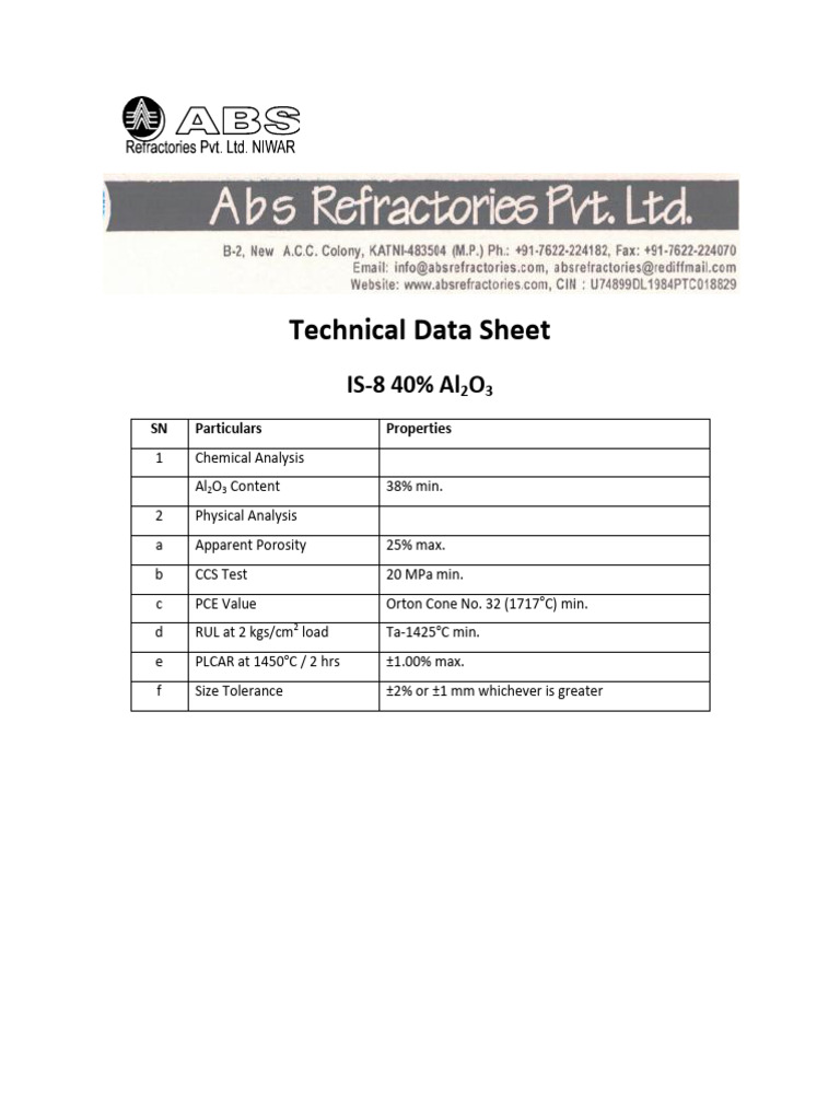 IS-8 40% Al2O3 Technical Data Sheet | PDF