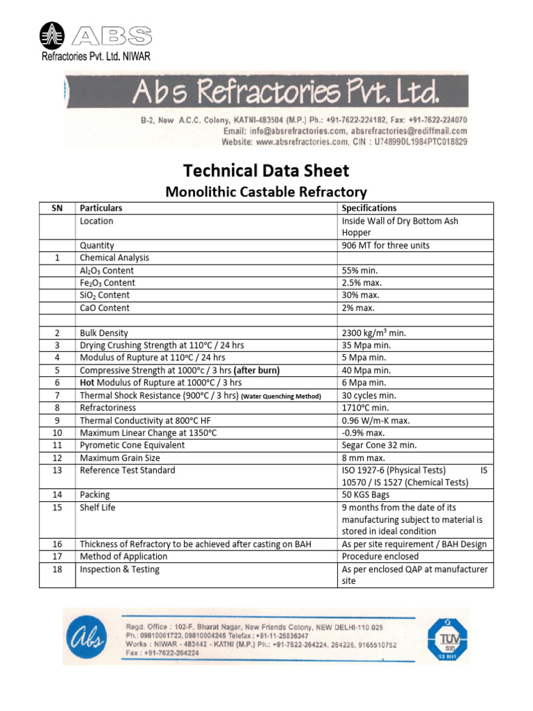 Data Sheet Monolithic Castable Refractory (20122022) | PDF | Refractory | Secondary Sector Of ...