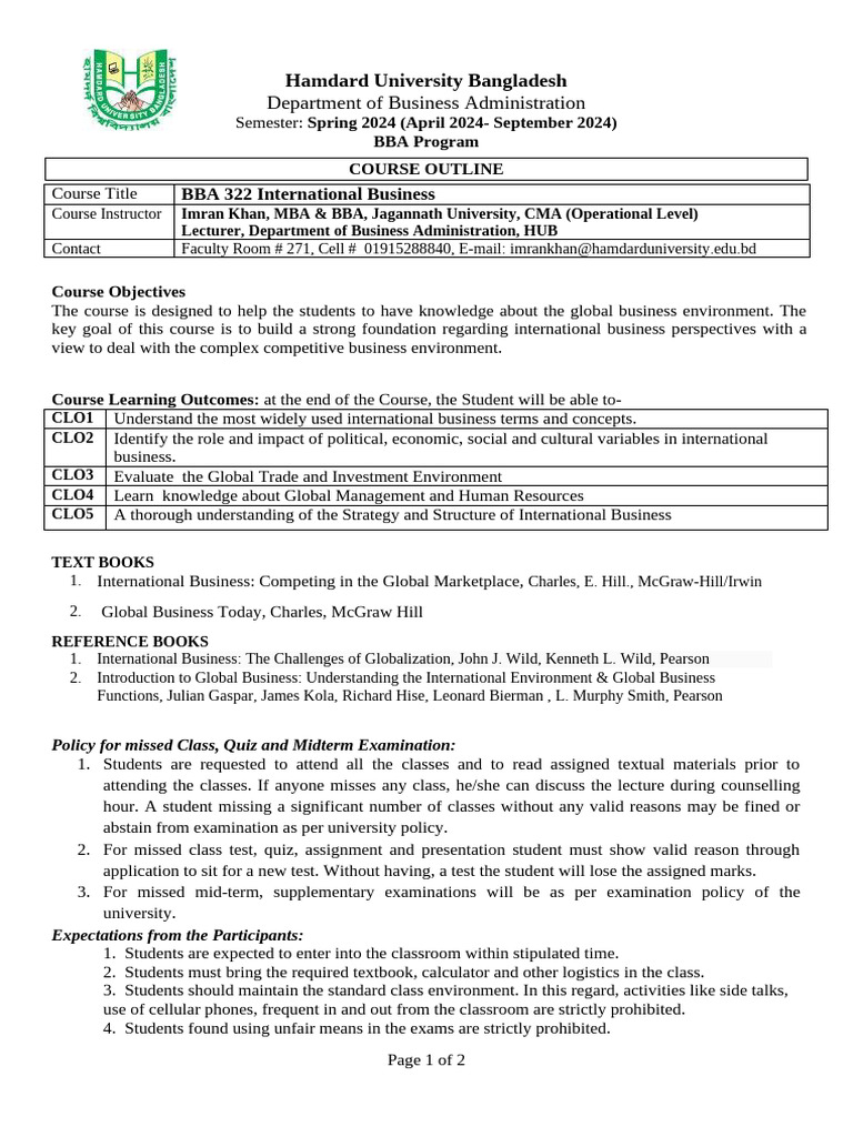 BBA 322 International Business COURSE OUTLINE | PDF | International ...