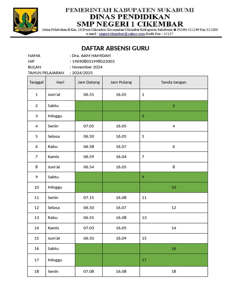 DAFTAR ABSENSI GURU NOVEMBER 2024 (AutoRecovered) | PDF