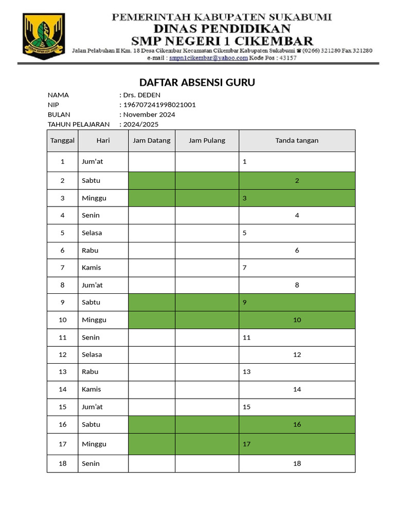 DAFTAR ABSENSI GURU NOVEMBER 2024 | PDF