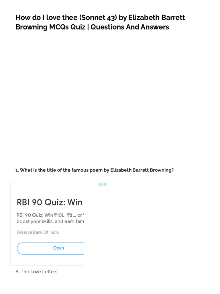 How Do I Love Thee (Sonnet 43) by Elizabeth Barrett Browning MCQs Quiz ...