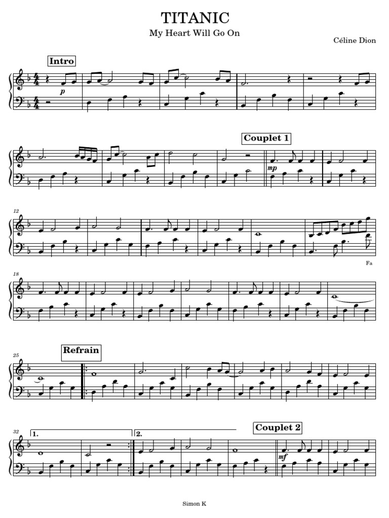 Easy Piano Sheet: My Heart Will Go On | PDF