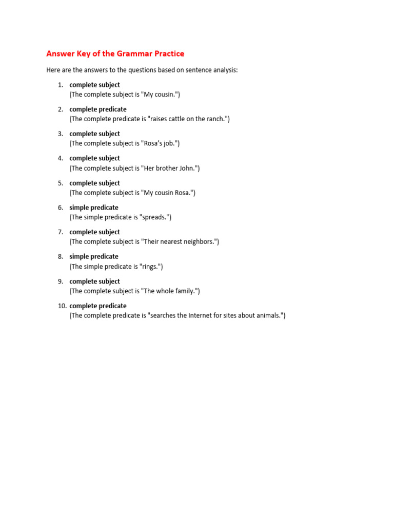 Answer Key of the Grammar Practice (Simple and Complete Subject and ...