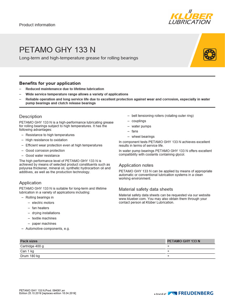 Kluber Petamo Ghy 133 N Grease | PDF | Bearing (Mechanical) | Lubricant