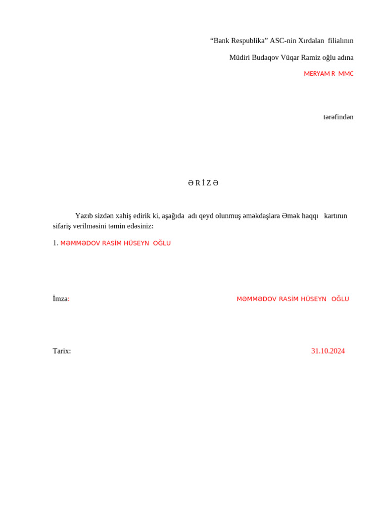 Emek Haqqi Kartlarinin Sifarisi Erizesi 1 | PDF