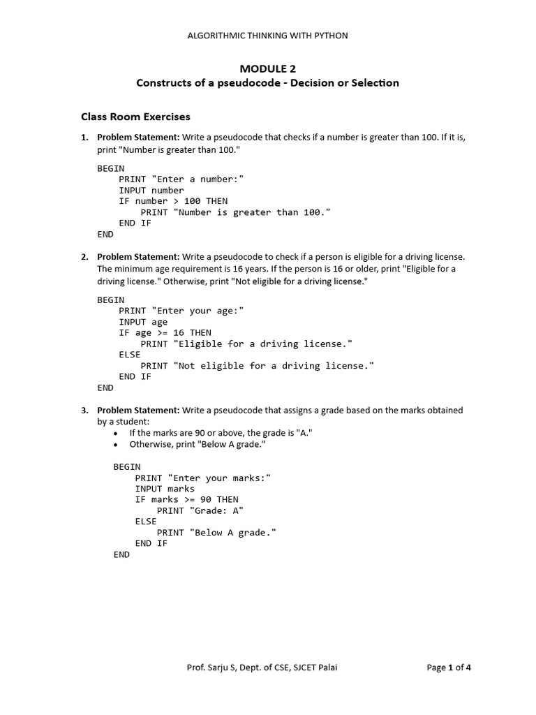 Constructs of A Pseudocode - Decision or Selection Classroom Excersises | PDF | Computer Science ...
