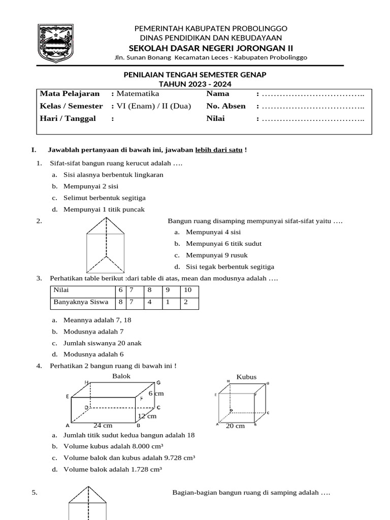 Soal MTK Kelas 6 | PDF