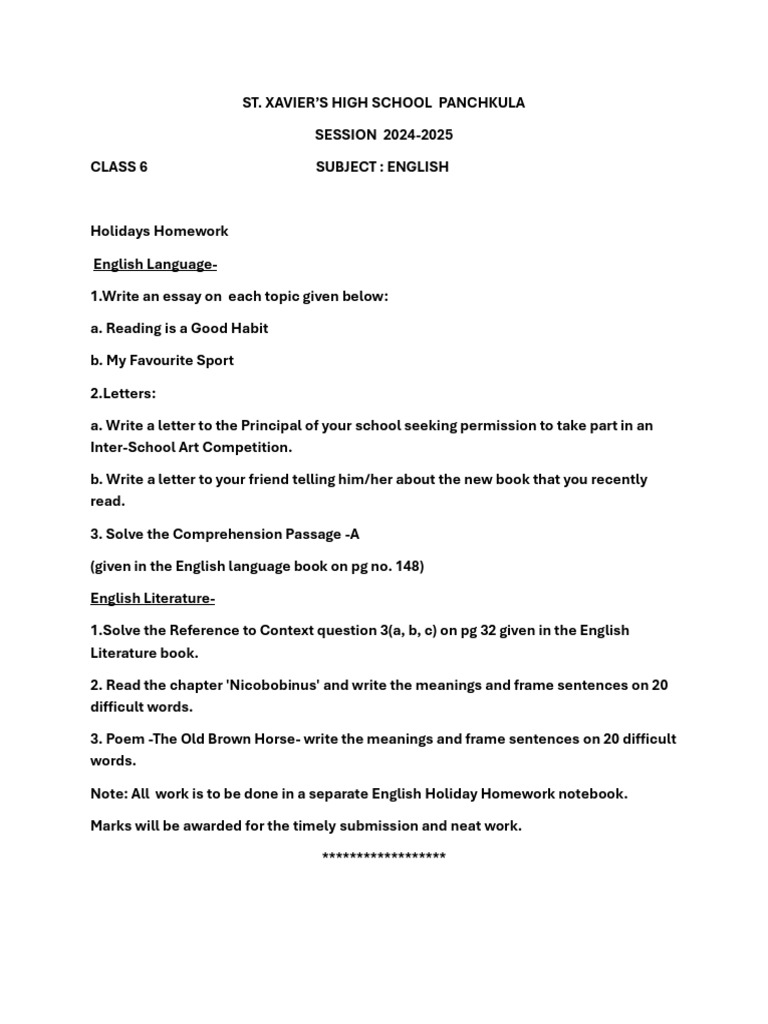 Class 6 English Holiday Homework | PDF