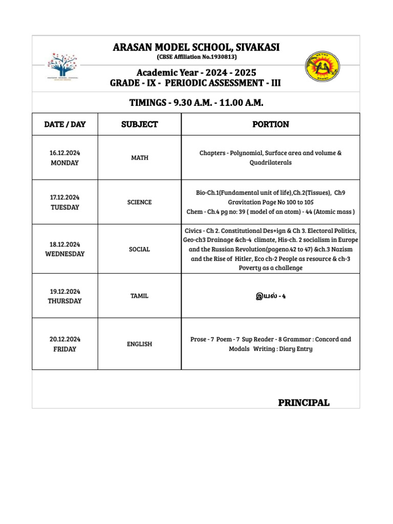 AMS - PA - III - TIMETABLE - Grade - IX To XI | PDF