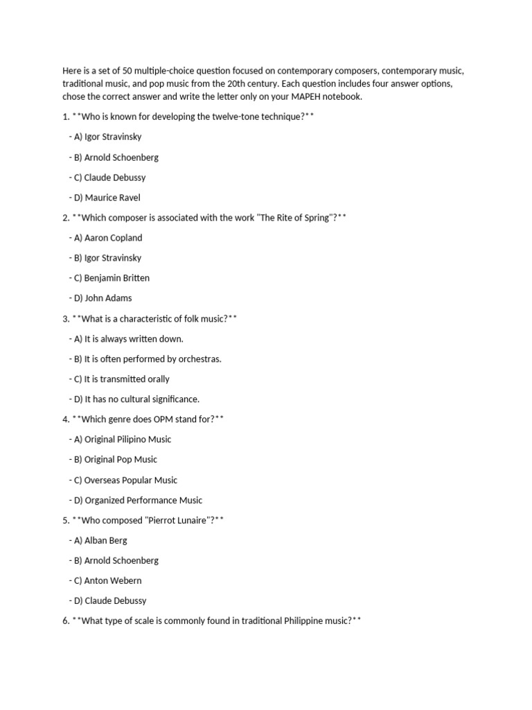20th Century Music Quiz: Composers & Genres | PDF | Songs | Classical Music
